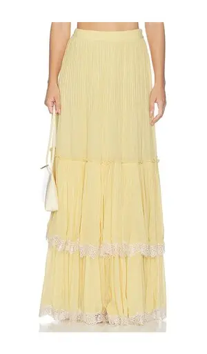 Hemant & Nandita Pleated Tiered Maxi Skirt With Lace Trim - Yellow