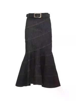 SELF-PORTRAIT Indigo Denim Belted Midi Skirt - Blue