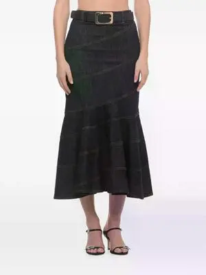 SELF-PORTRAIT Belted Denim Midi Skirt