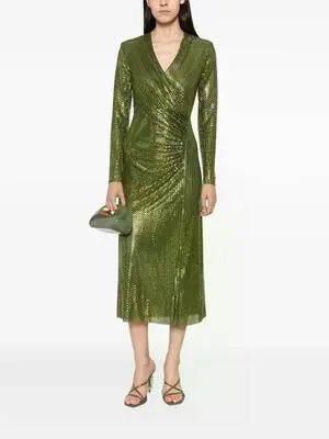 SELF-PORTRAIT Rhinestone-embellished Ruched Midi Dress - Green
