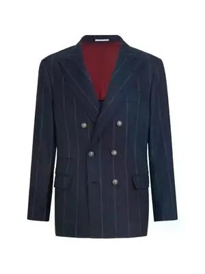 Brunello Cucinelli Cashmere And Virgin Wool Multistripe Twill One-and-a-half Breasted Deconstructed Blazer With Metal Buttons - Blue