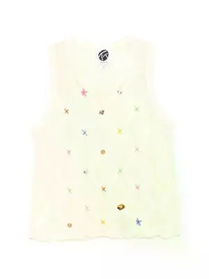 YANYAN Ivory Lattice Knit Tank Top With Embellishments