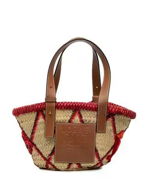 Loewe 2019 Small Raffia Animal Embroidered Anagram Basket Tote Bag - Neutrals