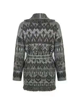 Alanui Jacquard Knit Belted Fringe Trim Cardigan