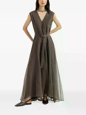 Brunello Cucinelli Crispy Silk Belted Maxi Dress With Pleated Detail And Precious Strap - Brown