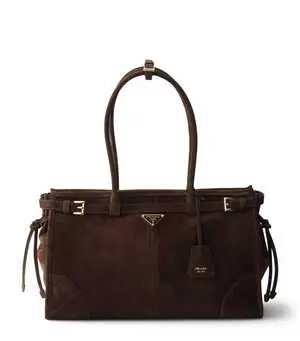 Prada Large Suede Bonnie Shoulder Bag - Brown