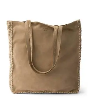 Prada Large Suede And Crochet Tote Bag - Neutral