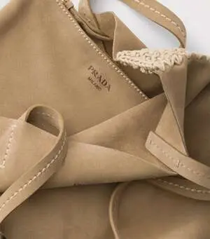 Prada Large Suede And Crochet Tote Bag