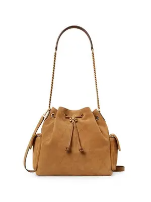Tory Burch Charlie Suede Leather Bucket Bag - Beige