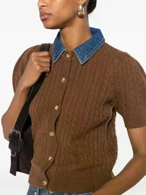 Sandro Cable-knit Short-sleeve Cardigan With Denim Collar