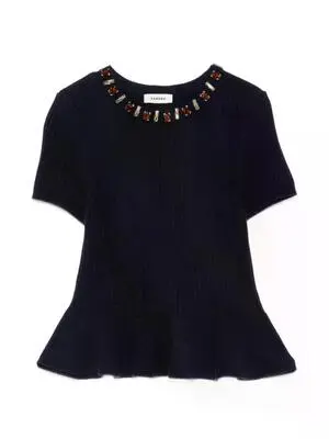 Sandro Ribbed Knit Crystal Embellished Peplum Top