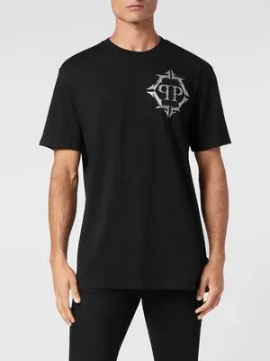 Philipp Plein Cotton T-shirt With Monogram Print And Hexagon Logo Black