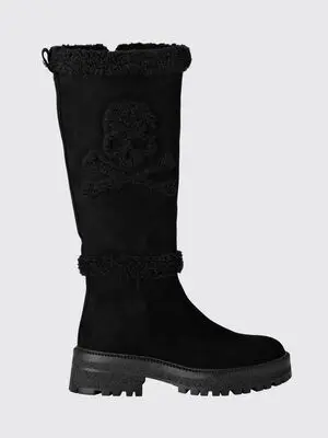 Philipp Plein Suede Knee-high Boots With Skull And Shearling Lining - Black