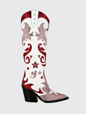 Philipp Plein Suede Knee-high Cowboy Boots With Crystal Embellishments - Red