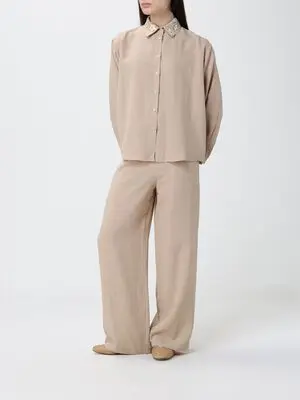 HANITA Linen Blend Palazzo Trousers With Embroidery - Beige