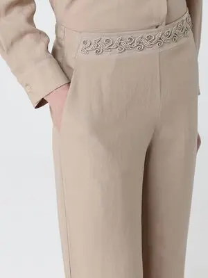 HANITA Linen Blend Palazzo Trousers With Embroidery - Beige