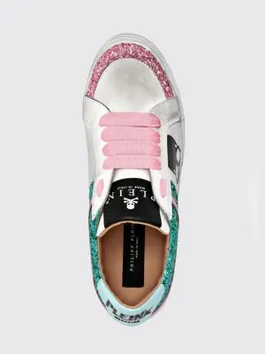 Philipp Plein Leather And Glitter Fabric Skull Sneakers With Distressed Effect