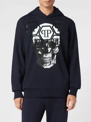 Philipp Plein Cotton Hoodie With Skull Print And Rhinestone Logo - Blue
