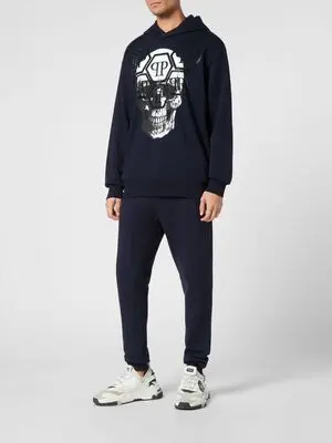 Philipp Plein Cotton Hoodie With Skull Print And Rhinestone Logo - Blue