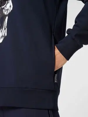 Philipp Plein Cotton Hoodie With Skull Print And Rhinestone Logo - Blue