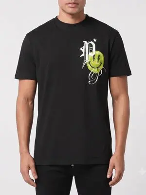 Philipp Plein Cotton T-shirt With Graphic Print And Contrasting Logo - Black