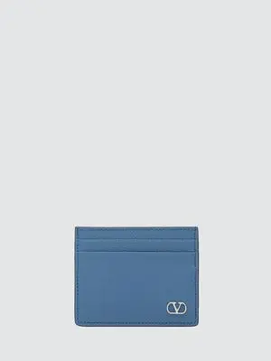 Valentino Garavani Vlogo Signature Calf Leather Flat Card Holder - Marine