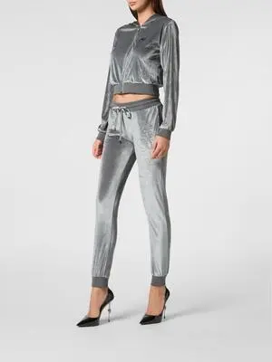 Philipp Plein Cropped Velvet Zip-up Hoodie With Rhinestone Logo Detail - Grey