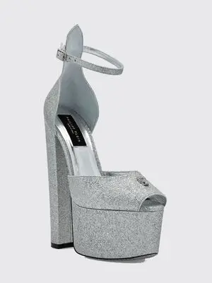 Philipp Plein Glitter Leather Platform High Heel Sandals - Silver