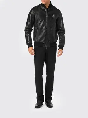 BILLIONAIRE Crocodile Print Leather Bomber Jacket