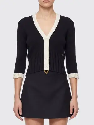 Valentino Garavani Slim Fit Cotton Cardigan With V-neck And Contrast Trim - Black