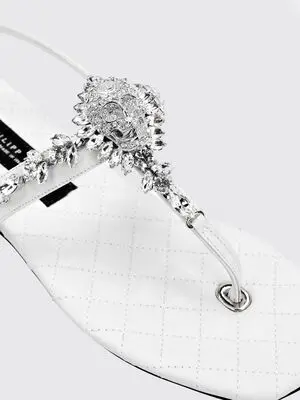 Philipp Plein Leather Thong Sandals With Low Heel And Ankle Strap