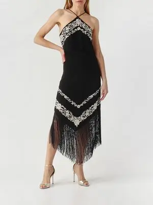 TWINSET Asymmetrical Embroidered Viscose Midi Dress With Fringe