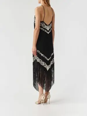 TWINSET Asymmetrical Embroidered Viscose Midi Dress With Fringe