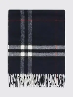 Burberry Fringed Check Scarf In Pure Cashmere - Blue