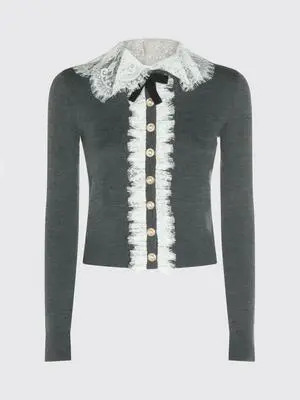 SELF-PORTRAIT Slim Fit Wool Cardigan With Lace And Ruffle Collar