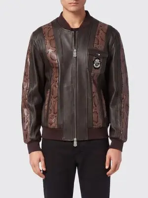 BILLIONAIRE Leather Bomber Jacket - Brown