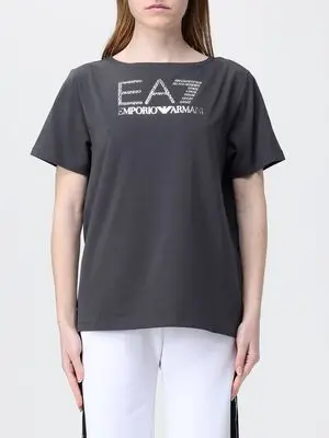 EA7 Cotton T-shirts With Rhinestone Logo - Grey