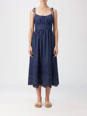 Zimmermann A-line Off-the-shoulder Embroidered Cotton Denim Midi Dress - Blue