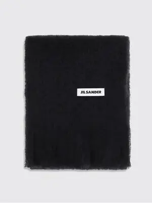 JIL SANDER Fringed Mohair Wool Blend Scarf With Applied Logo Patch - Black