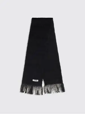 JIL SANDER Fringed Mohair Wool Blend Scarf With Applied Logo Patch