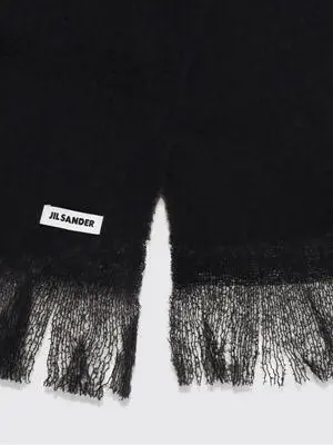 JIL SANDER Fringed Mohair Wool Blend Scarf With Applied Logo Patch
