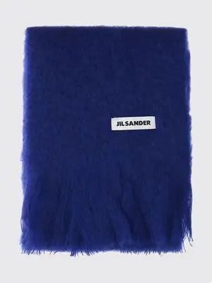JIL SANDER Fringed Mohair Wool Blend Scarf With Applied Logo Patch - Blue