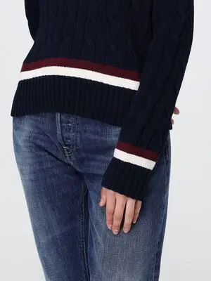 Ralph Lauren V-neck Cable Knit Sweater With Contrast Trim - Navy