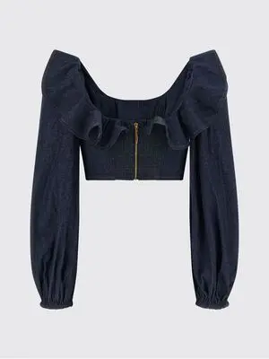 Zimmermann Cropped Long-sleeve Cotton Denim Top With Ruffles