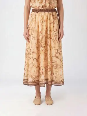 Zimmermann A-line Ramie Midi Skirt With Abstract Print And Drawstring Waist - Beige