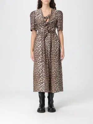 GANNI Leopard Print Midi Dress - Brown