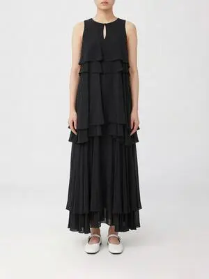 AMI Paris Silk Blend Long Dress With Ruffles - Black