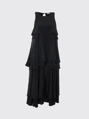 AMI Paris Silk Blend Long Dress With Ruffles - Black