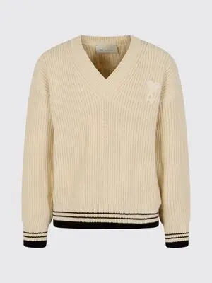 AMI Paris Wool And Cotton Blend V-neck Sweater With Contrast Trims