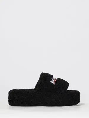 Balenciaga Shearling Wedge Slide Sandals With Embroidered Logo - Black
